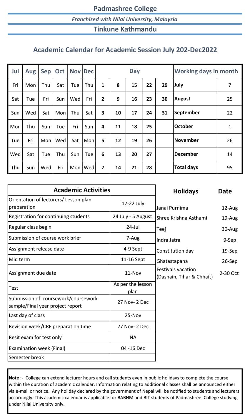 Academic Calendar [July-December, 2022]